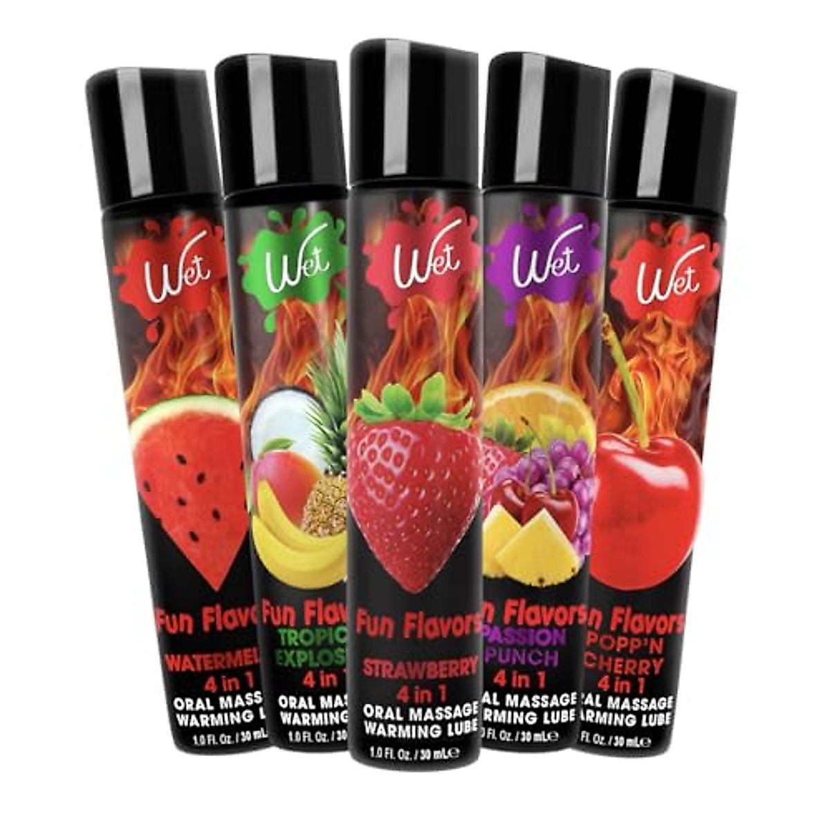 Wet Flavored Tasty Warming Lube Sampler (5- Pack), Five 1 Oz Bottles, Premium Personal Lubricant, for Men, Women and Couples, Ideal for Foreplay, Paraben Free, Gluten Free, Stain Free, Sugar Free