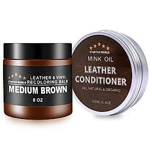 Leather Recoloring Balm with Mink Oil Leather Conditioner, Leather Repair Kit for Couches, Medium Brown Leather Dye for Furniture, Car Seat, Sofa, Shoes, Vinyl