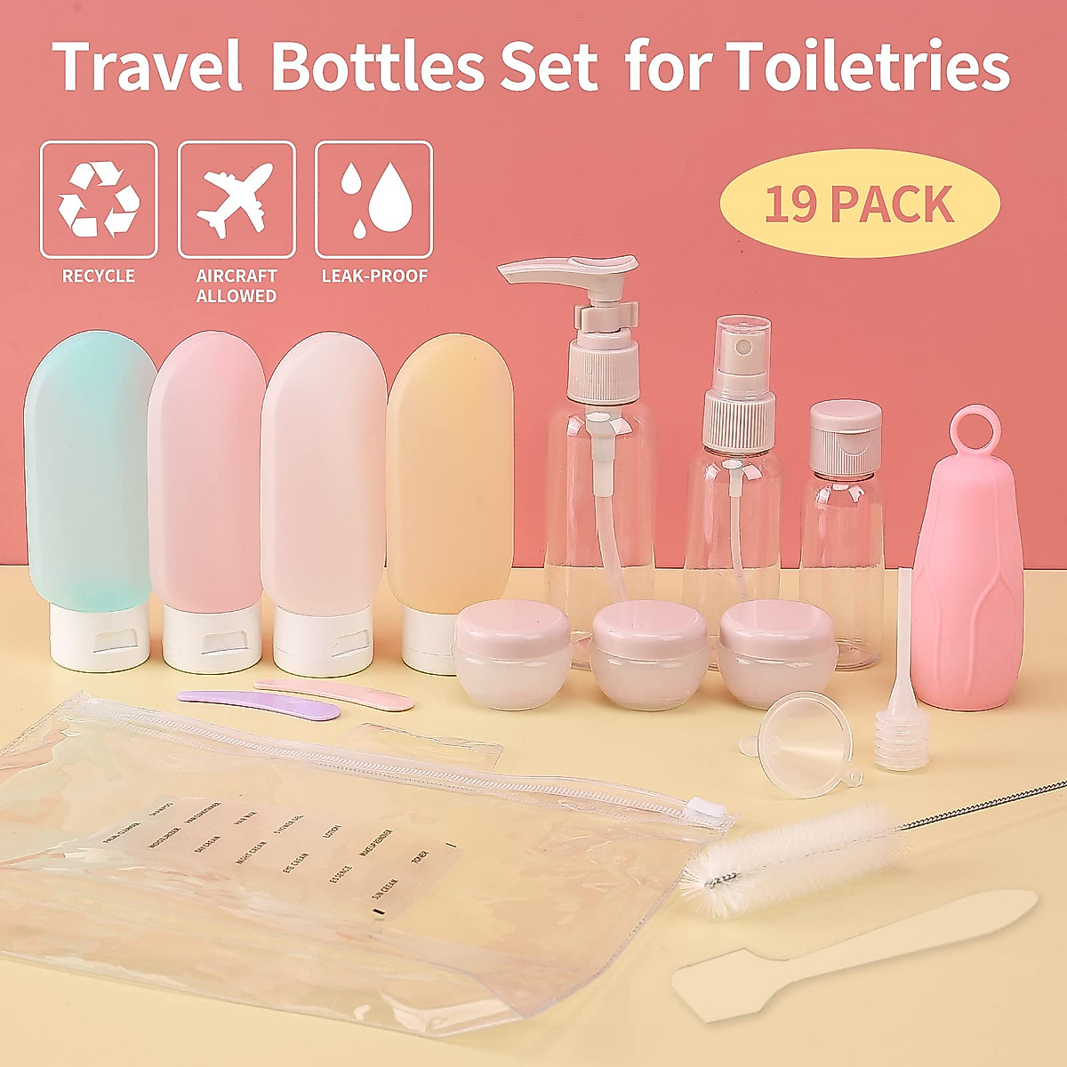 CCTIVED Travel Bottles for Toiletries, 23 Pack TSA Approved Silicone Travel Size Containers with Lable and Clear Bag, Leak Proof Refillable Travel Toiletry Bottle for Shampoo,Lotion,Conditioner