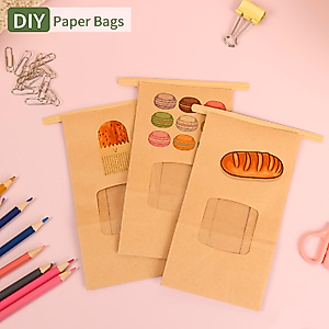 Moretoes 100pcs Small Bakery Bags with Window, Cookie Bags Pastry Bags Kraft Paper Bags, 3.54x2.36x6.7in Tin Tie Tab Bags Brown Window Bags