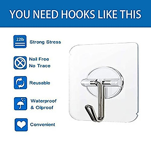 COLOGO 100 Pack Adhesive Hooks 24lb(Max) Heavy Duty Self Adhesive Hooks, Transparent Reusable Seamless Adhesive Wall Hooks for Kitchens, Bathroom, Office