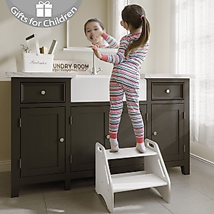 AMBIRD Wooden Two Step Stools Toddler with Safety Non-Slip Pads and Handles, Bamboo Step Stool for Bathroom, Bedroom, Kitchen Dual Height Step Stools for Kids (White)