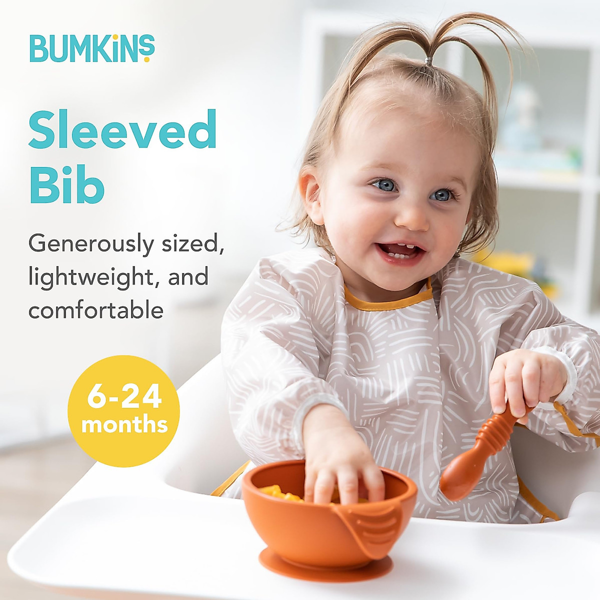 Bumkins Sleeved Bib for Girl or Boy, Baby and Toddler for 6-24 Mos, Essential Must Have for Eating, Feeding, Baby Led Weaning Supplies, Long Sleeve Mess Saving Food Catcher, Soft Fabric, Boho Beige