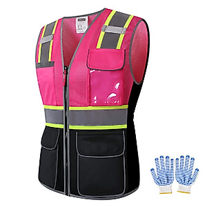 JKWEARSA Safety Vest For Women,High Visibility Reflective Work Vest With Multi Pockets And Zipper,Pink and Black,Medium