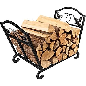 AMAGABELI GARDEN & HOME Firewood Rack Indoor Outdoor Heavy Duty Foldable Firewood Holder Wrought Iron Fireplace Log Holders with Leaves Design and Raised Arched Feet Wood Rack for Firewood Black