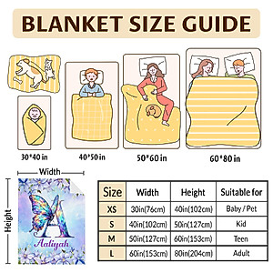 Custom Name Blanket from Your Name, Monogram Blanket for Girls Women, 50 x 40 Inches Soft Flannel Throw Blanket for Kids Butterfly Lovers, Personalized Initial Letter Throws for Sofa Office