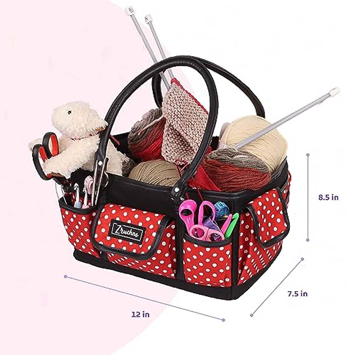 Zruchno Craft Bag Organizer Tote, Multi-Functional Carrying Bag with Handles and Pockets, for Sewing,Scrapbooking, Art, Craft,School or Office,Polka dot print