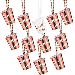 Maitys 12 Pieces Bride Plastic Beaded Bridal Shot Glass Necklace Gold Foil for Bachelorette Party Bridal Party Necklaces (White, Rose Gold)