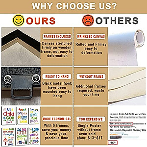 Sunday School Decorations for Classroom, Framed Bible Verse Wall Decor for Kids Room, Christian Religious Wall Art Canvas for Nursery Playroom Bedroom (Set of 6, 8X10in, Framed)