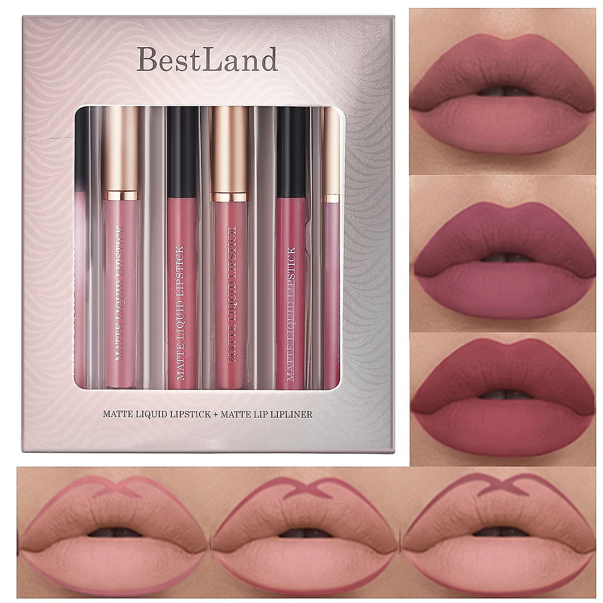 BestLand 6Pcs Matte Liquid Lipstick and Lip Liner Set, Non-Stick Cup Not Fade Waterproof Nude lipstick Makeup Kits Velvety Nude Lipliner Lip Gloss Make Up Gift Set (Set C)