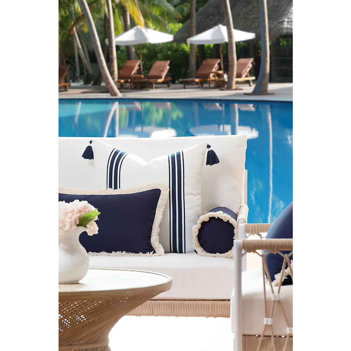Hofdeco Premium Coastal Hampton Style Patio Outdoor Performance Lumbar Pillow Cover Only, 12"x20" Water Repellent for Backyard, Couch, Dark Navy Blue Solid with Fringe