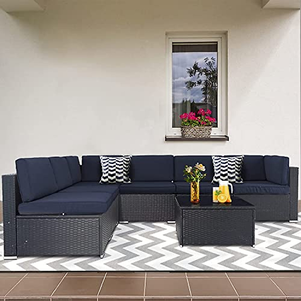 Crownland 7-Piece Outdoor Patio Furniture Sets, All-Weather Black Wicker Rattan Sectional Sofa, Modern Glass Coffee Table and Washable Seat Cushion with YKK Zipper (Dark Blue)