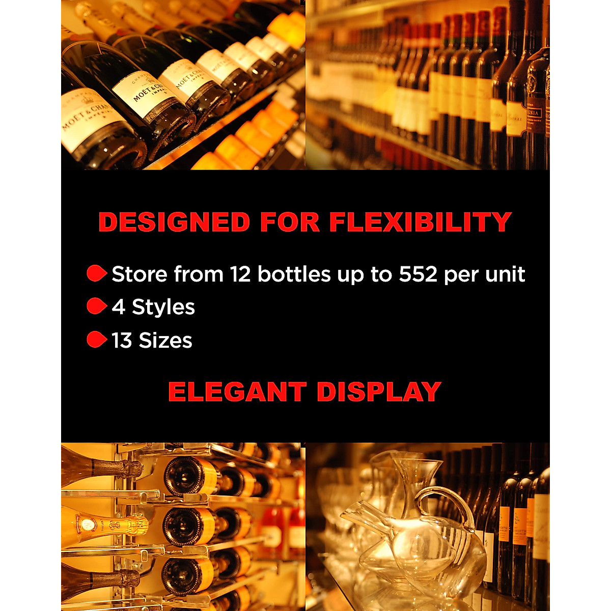 DLDIRECT Diamond Life Reserve Hanging Wine Rack - 1 Bottle Deep 4'H x 4'W (44 Bottles) - Wall Mounted Wine Bottle Holder Metal Modern Wall Wine Rack - Customizable Wine Bottle Rack Wall Mounted