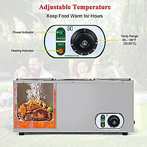 Commercial Food Warmer, 13.7 Qt Steam Table Buffet Food Warmers 1500W 110V 5-Pan Stainless Steel Bain Marie Soup Warmer Adjustable Temp 86-185℉Warmers for Food Party, Catering, Restaurants w/2 Ladles