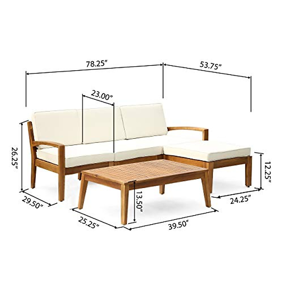 Christopher Knight Home Grenada Sectional Sofa Set | 5-Piece 3-Seater | Includes Coffee Table and Ottoman | Acacia Wood Frame | Water-Resistant Cushions | Teak and Beige, Finish