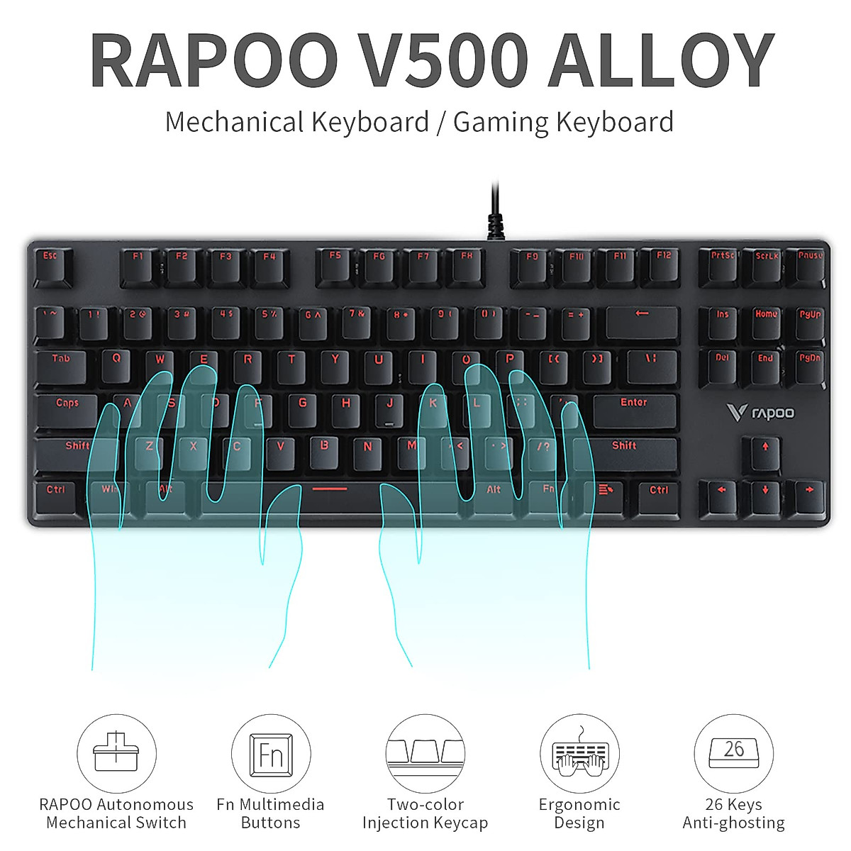 Mechanical Gaming Keyboard, RAPOO V500 Alloy Wired Keyboard with Black Switches for Game Players, Quick Response Gaming Keyboard, Anti-Ghosting Keyboard for Windows Gaming PC/Game Laptop, 87 Keys