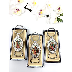 12 PCS Our Lady of Guadalupe Favor Baptism First Communion Memory Gift Silver Keychains With Bottle Opener /Recuerdos De Mi Bautizo/Primera Comunion Nuestra Virgen De Guadalupe Llaveros