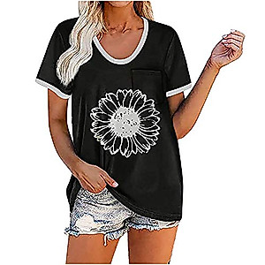 Bravetoshop Women Summer T Shirts Short Sleeve V Neck Sunflower Cute Graphic Printed Tee Tops Casual Loose Blouse (Black,M)