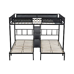 Goohome Full Over Twin and Twin Size Triple Bunk Bed with 4 Shelves, Heavy-Duty Steel Triple Bunk Beds Frame W/Safety Guardrail, Built-in Wood Slat and Ladder, for Kids, Teens, Adults