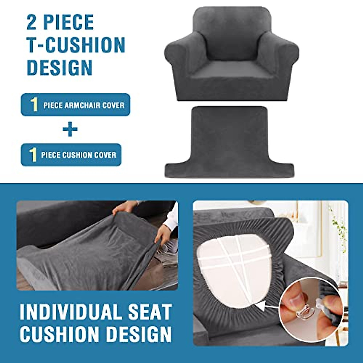 Sofa Cover 2 Piece T Cushion Armchair Slipcovers Thick Velvet Couch Cover Furniture Protector Stretch T Cushion Sofa Covers for 1 Cushion Couch with 1 Individual T Cushion Covers Washable, Grey