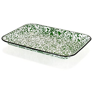Red Co. 13.5” x 10” Enamelware Metal Classic 1.6-Quart Rectangular Serving Tray, Dark Green Marble/Black Rim – Splatter Design
