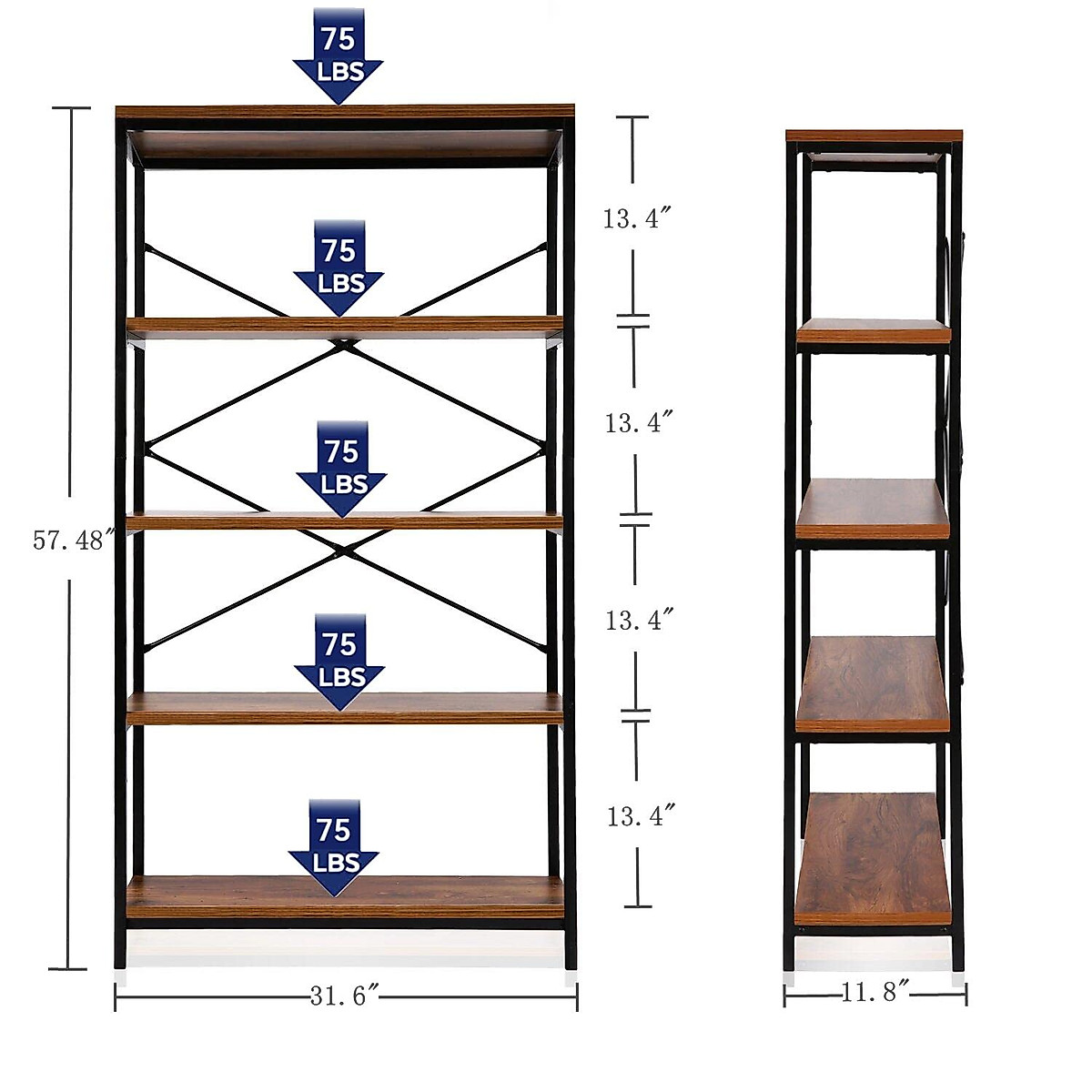 Himimi Industrial Bookshelf 5-Tier, Bookcase 58" H Ladder Shelf, Storage Shelves Rack Shelf Unit, Accent Furniture Metal Frame, Home Office Furniture for Bathroom, Living Room, Vintage Brown