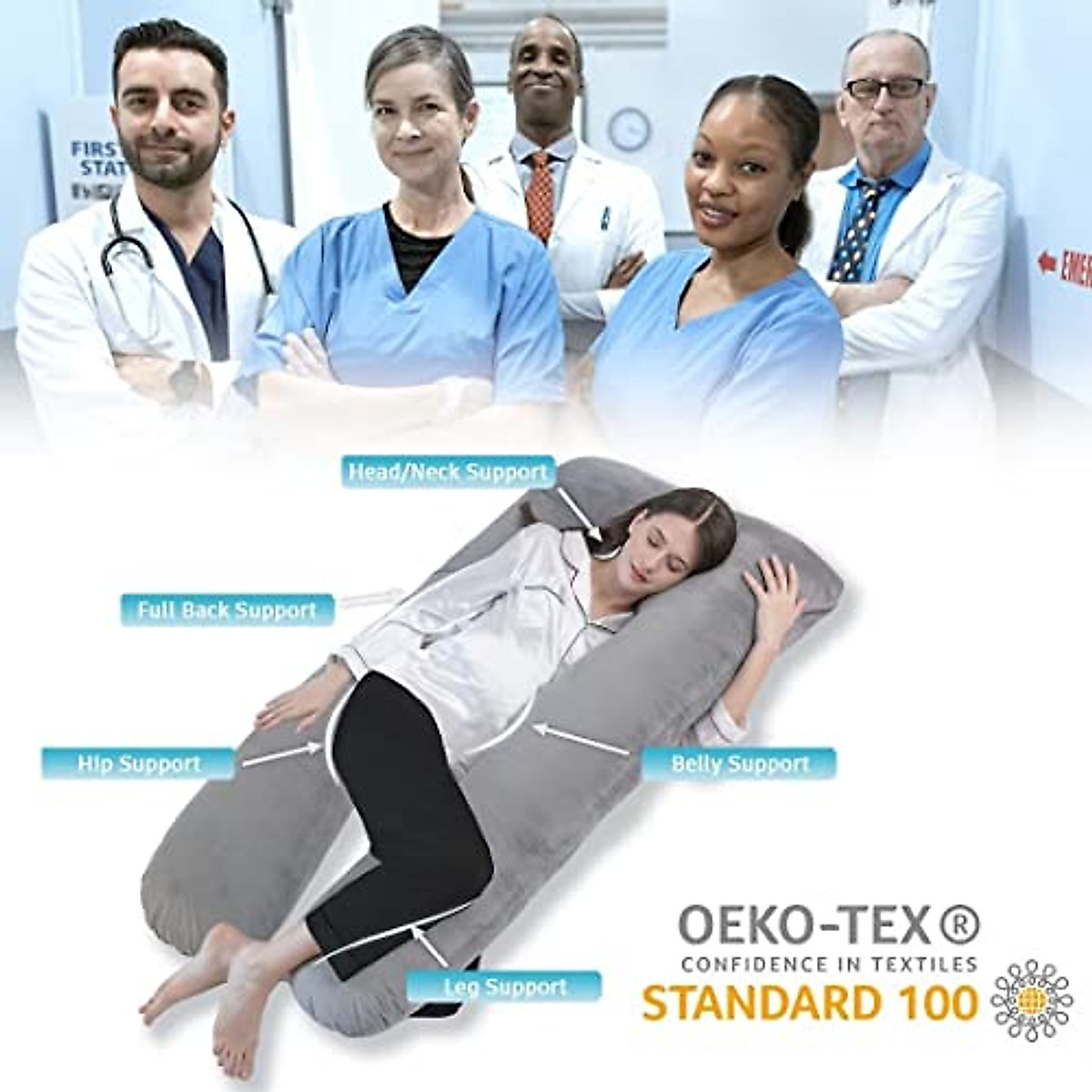 DOWNCOOL Pregnancy Pillow, U Shaped Body Pillow for Pregnancy, 55 Inch Grey Maternity Support with Removable Cover for Sleeping,Support for Back, Hips, Legs, Belly