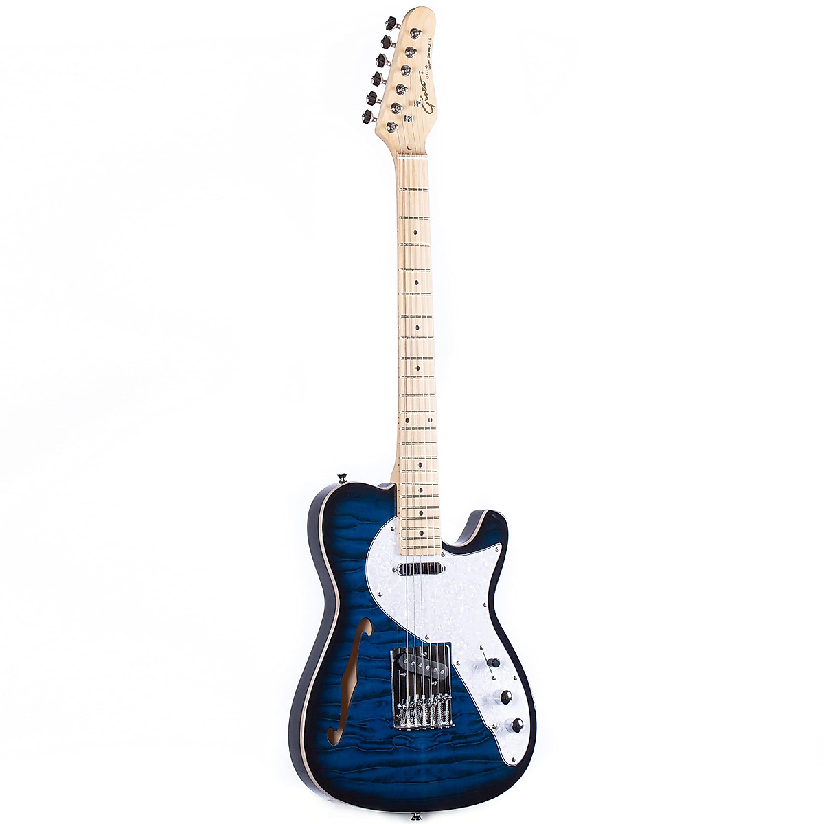 Grote Electric Guitar Semi-Hollow Body Single F-Hole Printed Tele Style Guitar Full-Size Basswood with Canadian Maple neck Chrome Hardware Picks (Blue)