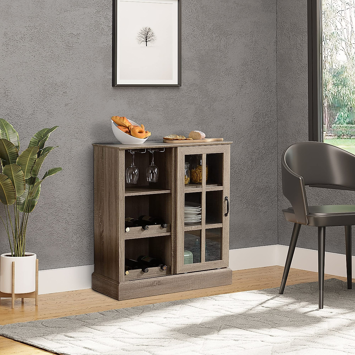 HOMCOM Wine Bar Cabinet, with 6-Bottle Wine Rack and Stemware Racks, Small Sideboard Buffet Cabinet with Sliding Glass Door and Storage Shelves for Kitchen, Brown