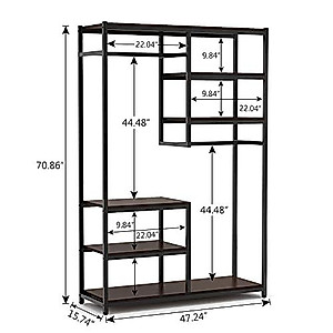 Tribesigns Free-standing Closet Organzier, Double Hanging Rod Clothes Garment Racks with Storage Shelvels, Heavy Duty Metal Closet Storage Clothing Shelving for Bedroom, Capacity 400 lbs (rustic)