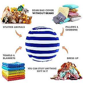 2 Packs Stuffed Animal Storage Beanbag Cover 24" Bean Bag Storage for Kids Girs Boys Room Toys Organizer Heavy-duty Zipper Bean Bag Chair Covers Only Grey Blue White Stripes Cotton Canvas
