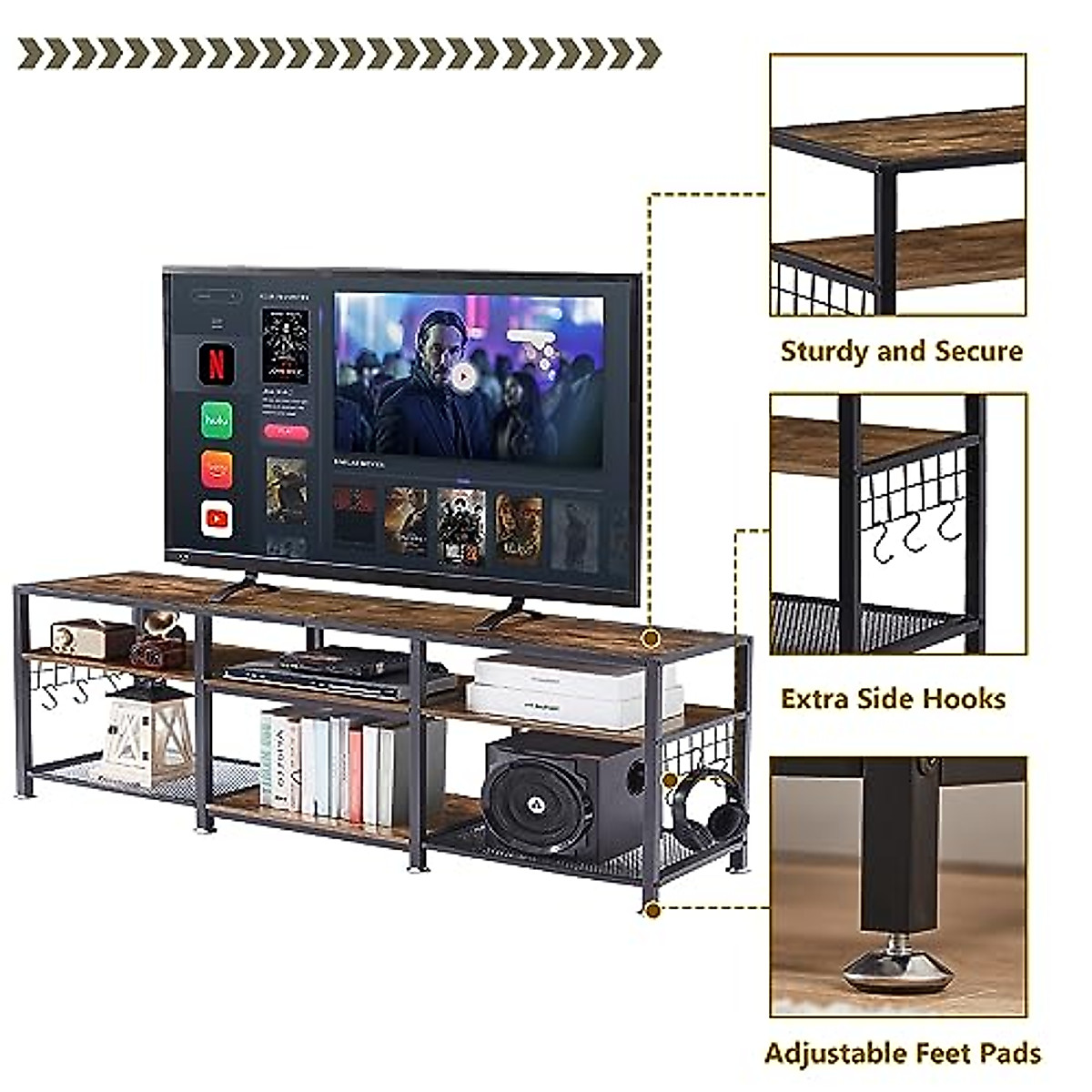 VECELO TV Stand for Televisions up to 75 Inch, Industrial Entertainment Center with 3-Tier Open Storage Shelves& Hooks for Living, Bedroom and Gaming Room, 70 Inch, Brown