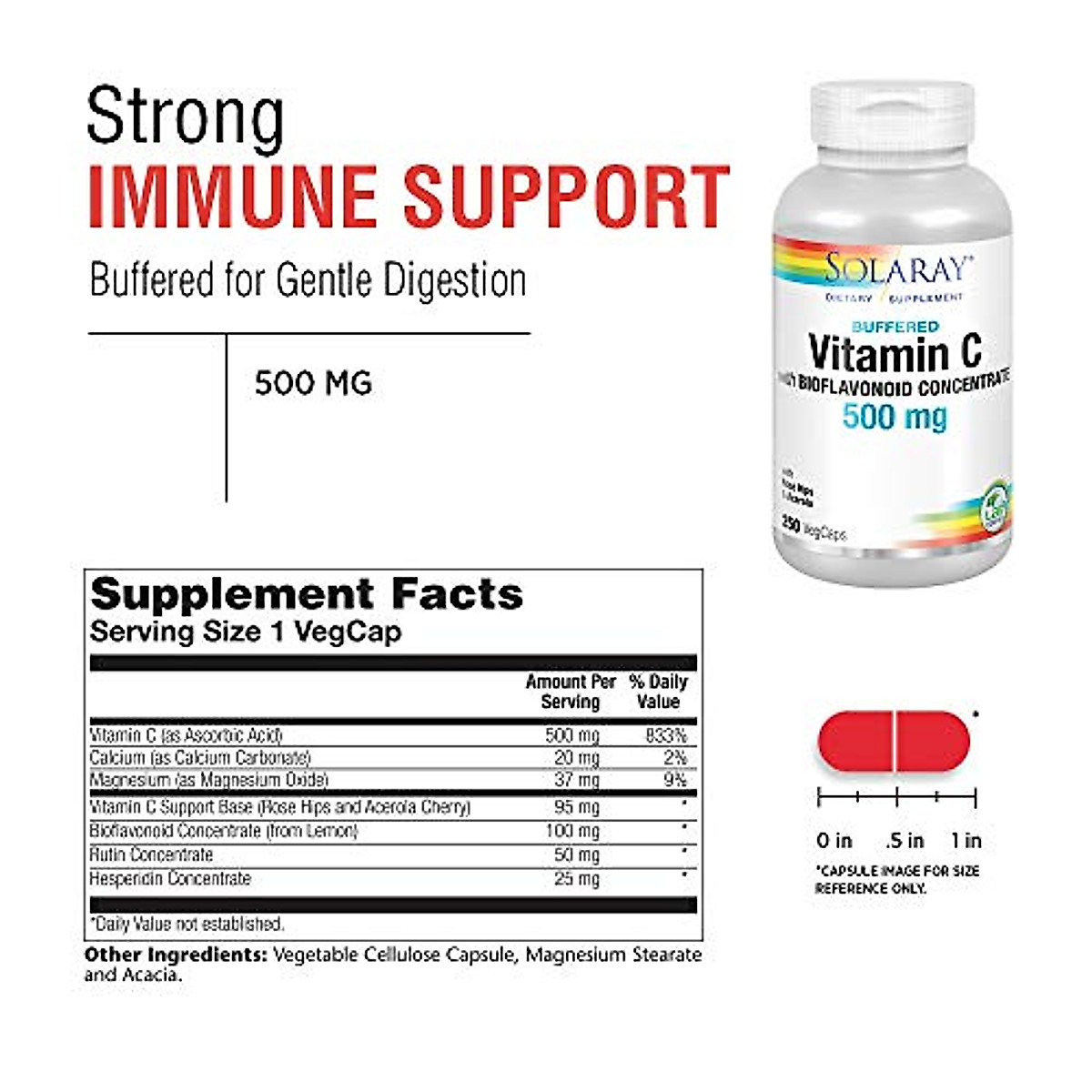 SOLARAY Vitamin C w/ Bioflavonoid Complex 500mg | Buffered for Easy Digestion | Healthy Immune System, Collagen Synthesis & Antioxidant Support | 250 VegCaps