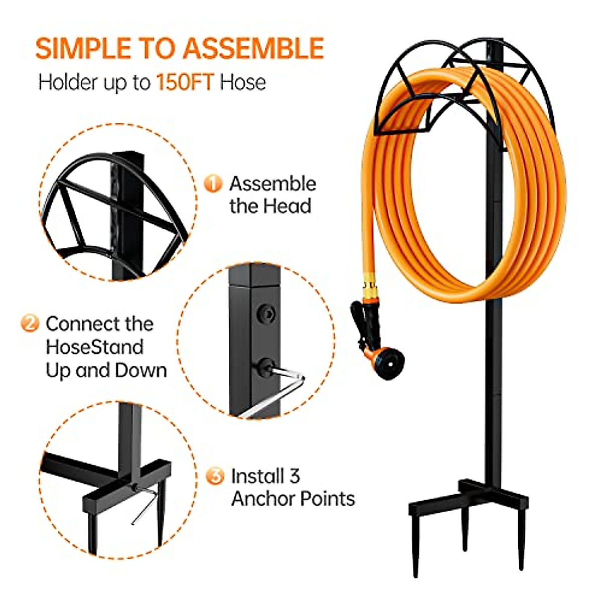 Hongmai Garden Hose Holder Freestanding, Heavy Duty Water Hose Hanger Hose Reel for Outdoor, Detachable Metal Hose Stand Hose Rack Hose Storage for Garden Lawn Yard (Black A)