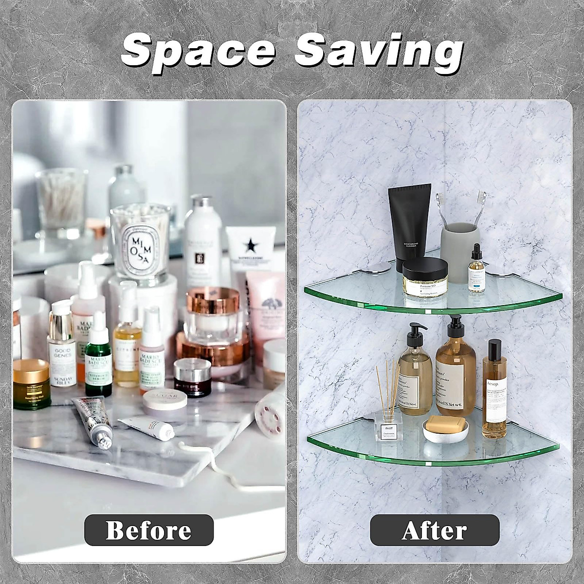 Corner Glass Shower Caddy 2 Pack 8MM-Thick Tempered Glass Shelf No Drilling Wall Mount Corner Mounted Shelves Space Saver Adhesive Bathroom Home Shelf Shampoo Holder Organizer Strong Adhesion