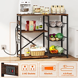 Homeiju Kitchen Island, Baker's Rack with Power Outlet, Microwave Stand, Coffee Bar with 3 Removable Wire Baskets, Kitchen Storage Rack with 6 S-Hooks for Spices, Pots and Pans - Rustic Brown