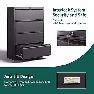 Yukimo Lateral File Cabinet with Lock, Metal File Cabinets for Home Office Legal/Letter A4 Size, File Cabinet with 4 Drawer Storage Cabinet, Black