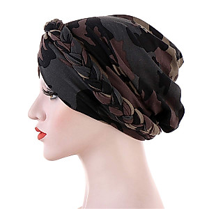 Awlsyj Chemo Cancer Head Hat Cap Ethnic Bohemia Pre-Tied Twisted Braid Hair Cover Wrap Turban Headwear (D Black Pink Flower)