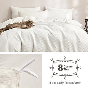 JELLYMONI Bright White Duvet Cover Twin Size - 3 Pieces Soft and Breathable Microfiber Knitted Jacquard Waffle Weave Striped Comforter Cover with 8 Corner Ties & Zipper Closure