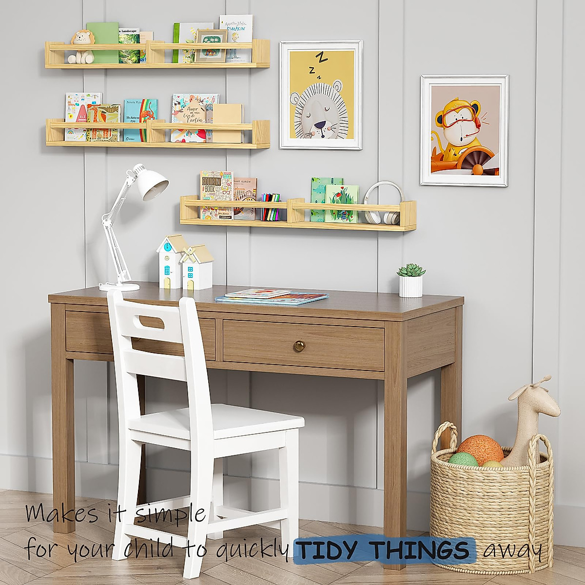 Harwaya Floating Nursery Book Shelves for Wall, 32 Inch Long Wall Bookshelf for Kids Room Bedroom, Wooden Large Wall Shelf with Hanging Rod for Baby Toddler Child Clothes (3-Pack, Natural Wood)