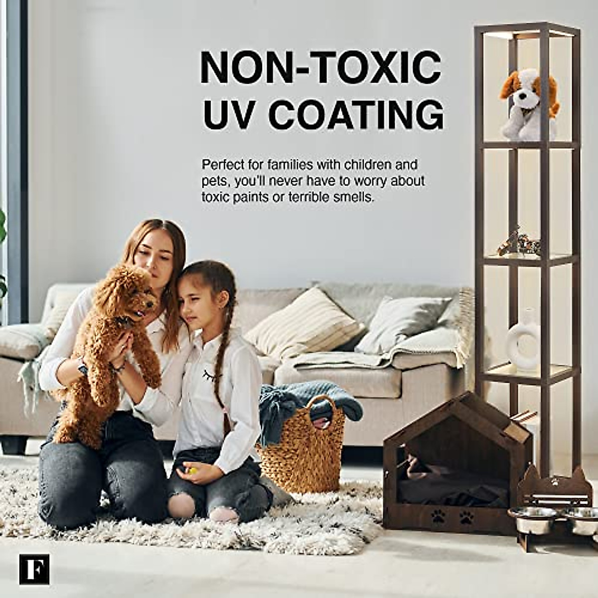 FENLO Fantasy 66" Luxury Glass Display Shelf with Dimmable LED Floor Lamps, Sturdy Glass Shelves for Bedroom, Curio Cabinet with Glass Bookshelf Display Case, Floor Lamp with Shelves - Brown