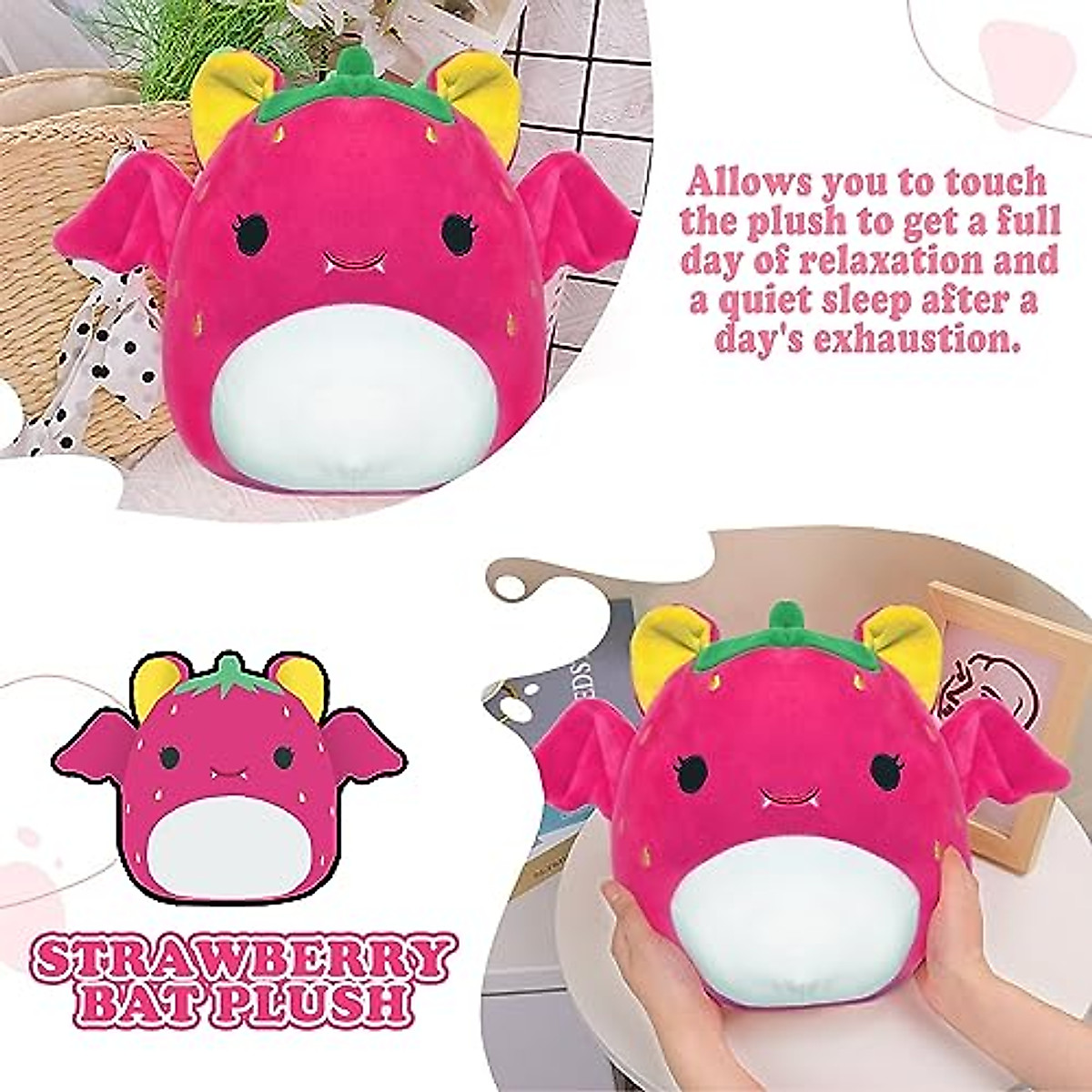 ROMINVIC Strawberry Bat Plush,8 inch Stuffed Animal Bat Plush Pillow, 3D Kawaii Bat Plushie Stuffed for Christmas Birthday Kids Gifts Home Decoration