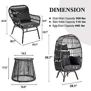 NICESOUL® 3 Seats Outdoor Chair Set Round Table Oversized Stationary Egg Chair Boho Style Handwoven PE Wicker Patio Conversation Large Egg Backyard Pool Grey Wicker 4 Pieces Set