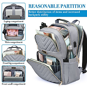 Laptop Backpack for Women Men, Large School Backpack for Teens Boys Girls, 17.3 Inch Quilted Laptop Bag Bookbag College Bag with USB Charging Port, Work Travel Casual Daypacks, Grey(over 3 years old)