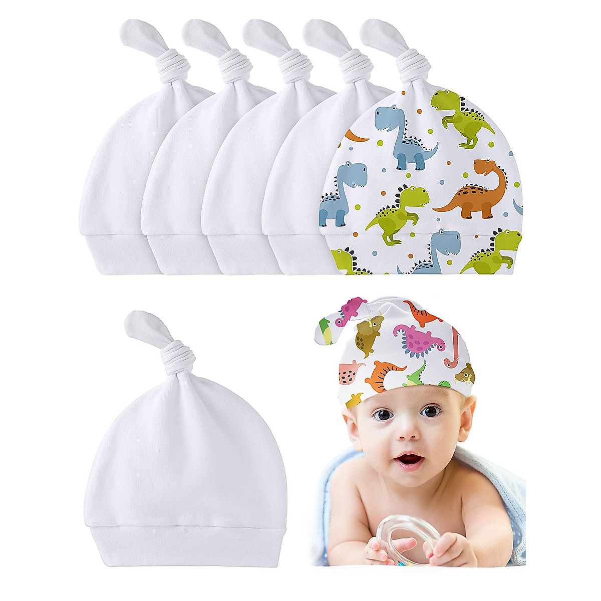 SATINIOR Sublimation Baby Hat White Blank Baby Beanie Knotted Hat Newborn Soft Infant Cap Cute Knot Hats for Baby Boys Girls (6 Pieces)
