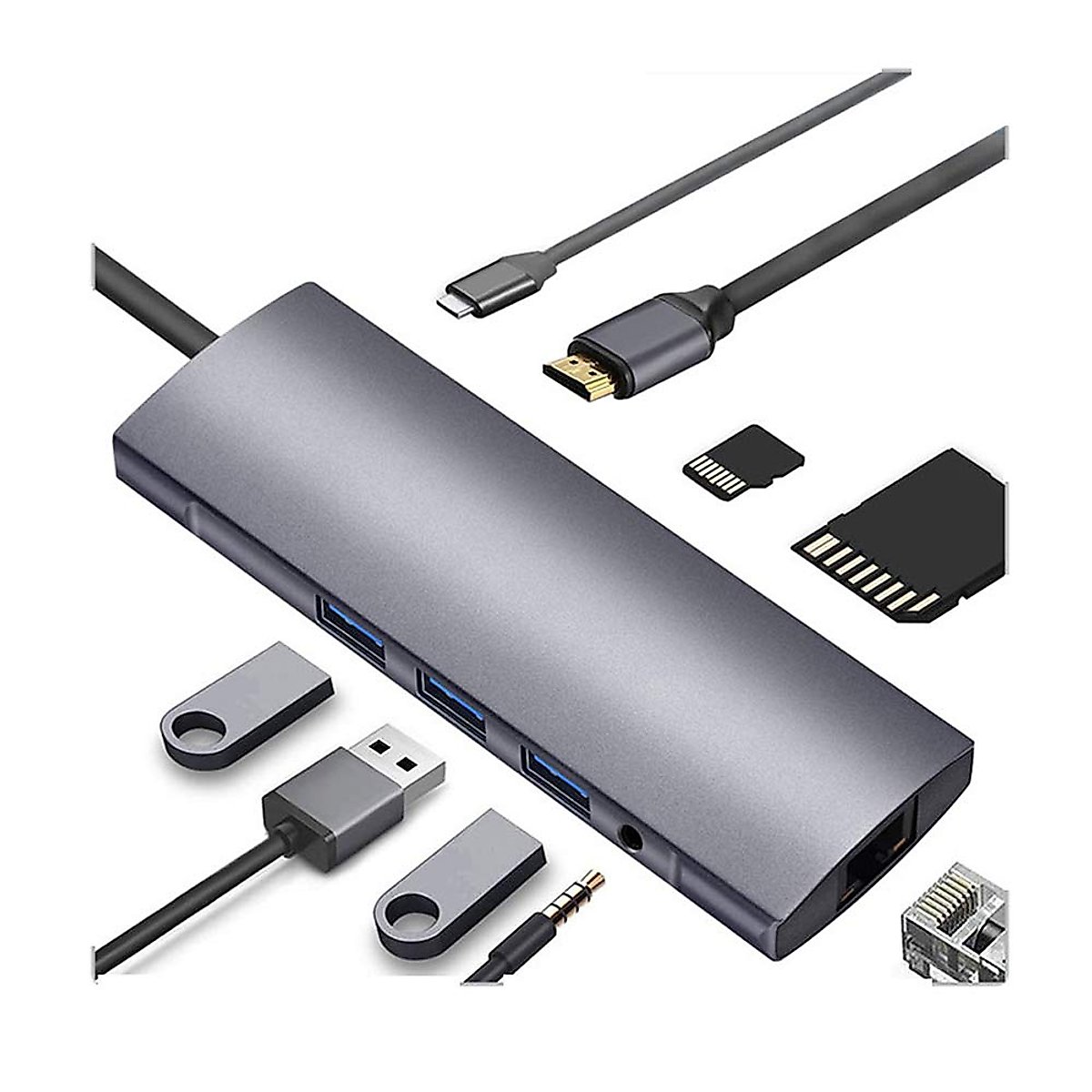 XUNMAIFHB Portable Docking Station,9-in-1 Type-C to 4KHDMI, RJ45, 3USB3.0, TF, SD, Audio, PD Multi-Function Adapter Fast Transmission