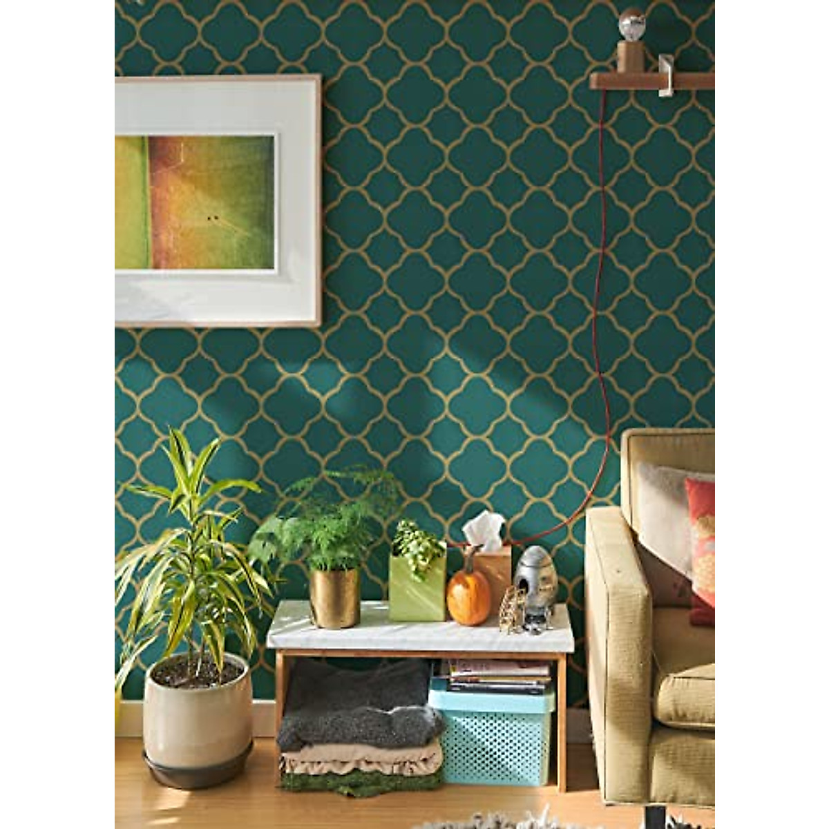 Peel and Stick Wallpaper Gold and Green Contact Paper Wall Paper Dark Green Wallpaper Trellis Contact Paper for Walls Cabinets Self Adhesive Removable Wallpaper for Walls Vinyl Rolls 118"x17.7"