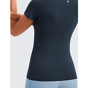 CRZ YOGA Seamless Workout Tops for Women Short Sleeve Athletic Tees Breathable Gym Running Yoga Shirts Twilight Blue Medium