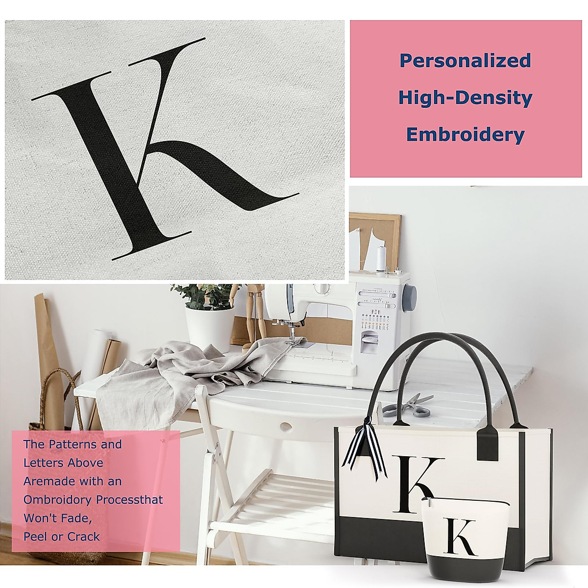 OATALY Monogrammed Canvas Tote Bag with Zipper Pockets - Ideal Gift for Mom, Teacher, Sister