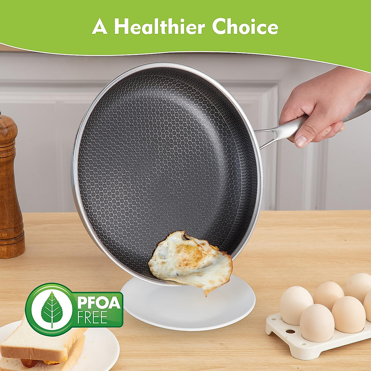 Toutrop Non Stick Frying Pans, Hybrid 12 Inch Frying Pans Nonstick with Lid, Stainless Steel Skillets Chef Cookware, PFOA Free, Works on Induction,Ceramic,Gas Cooktops and Ovens